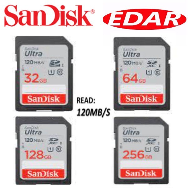 Sandisk SD Card Ultra 120 Mb/s Class 10 UHS-I SDHC Memory Card (32GB/64GB/128GB/256GB 150 ...