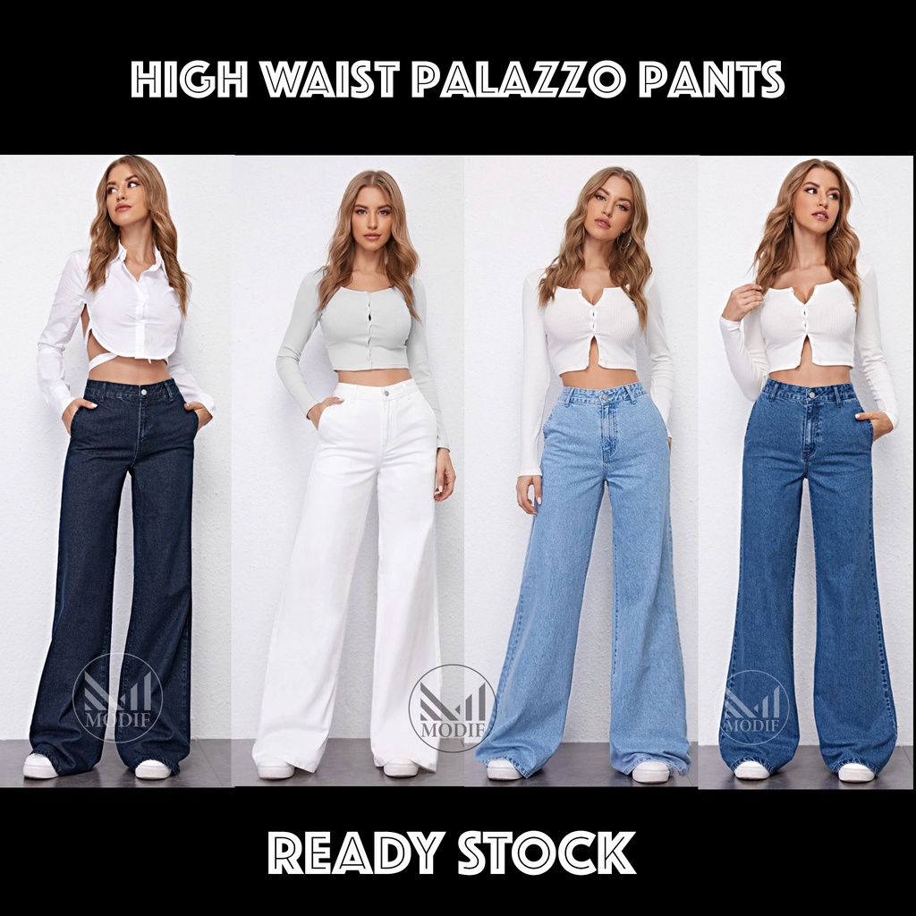 Women palazzo jeans wide leg high waist denim loose mopping jeans ...