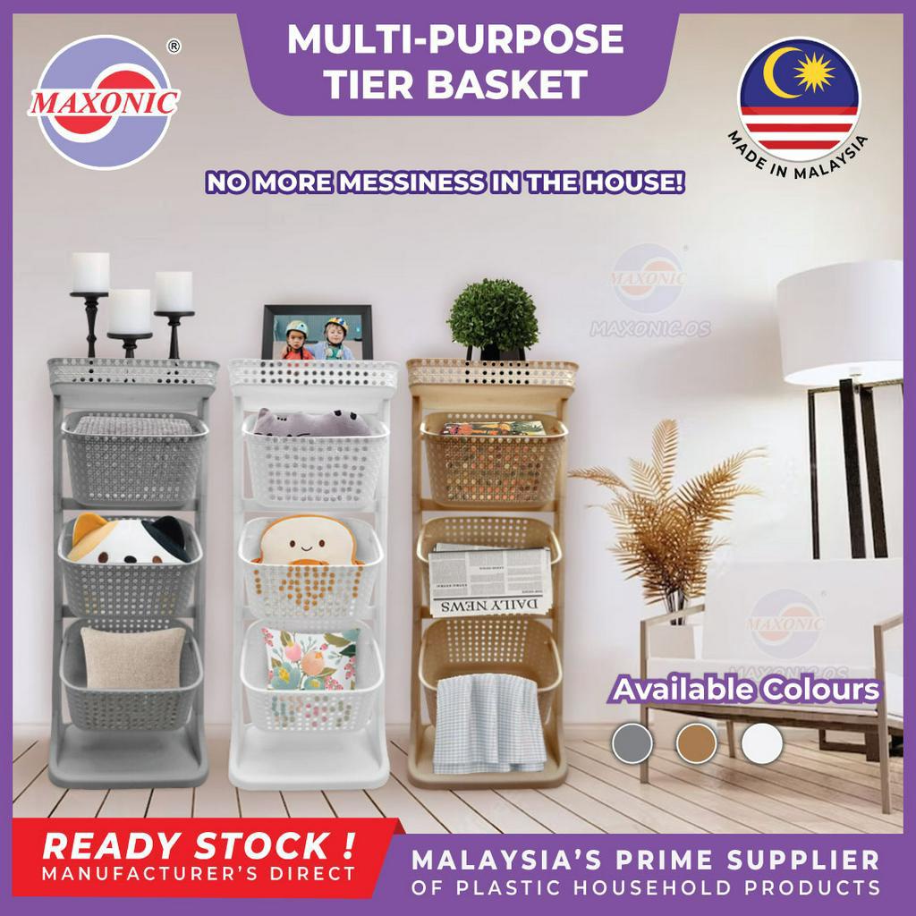 MAXONIC 3 Tier Multi-Purpose Basket Rack | Easy Organizer for Kitchen, Clothes, Toys and ...