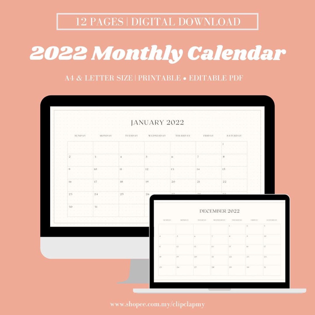 Monthly Calendar 2022 | Planner Calendar | PDF Editable & Printable ...