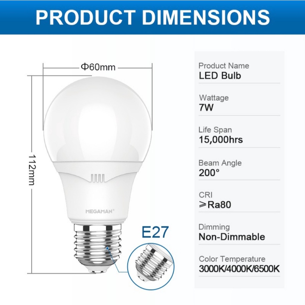 Megaman LED Bulb Light 7W A60 E27 Eye Care Classic Energy Saving Lamp (3000K/4000K/6500K ...