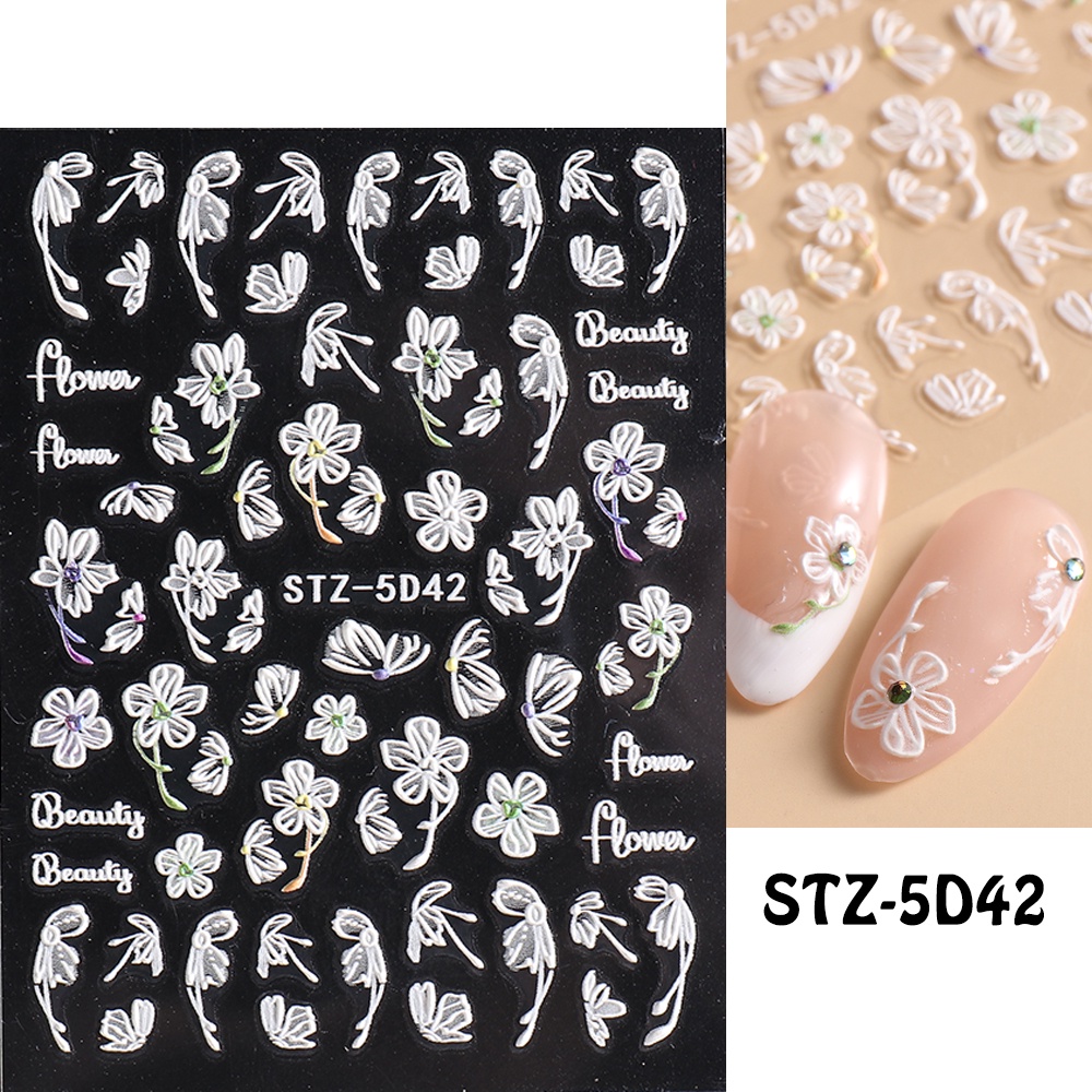 5D Nail Stickers Flowers Geometric Lines Decor Acrylic Embossed Sliders ...