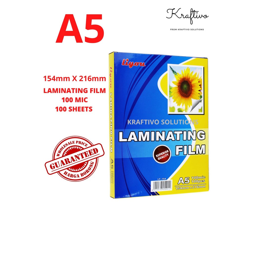 A5 LAMINATING FILM 100 MIC 100 SHEETS/PLASTIC LAMINATE A5 100 MIC 100 ...
