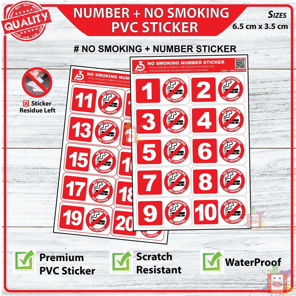 Table Number Stickers + No Smoking Signs, Numbering Waterproof PVC ...