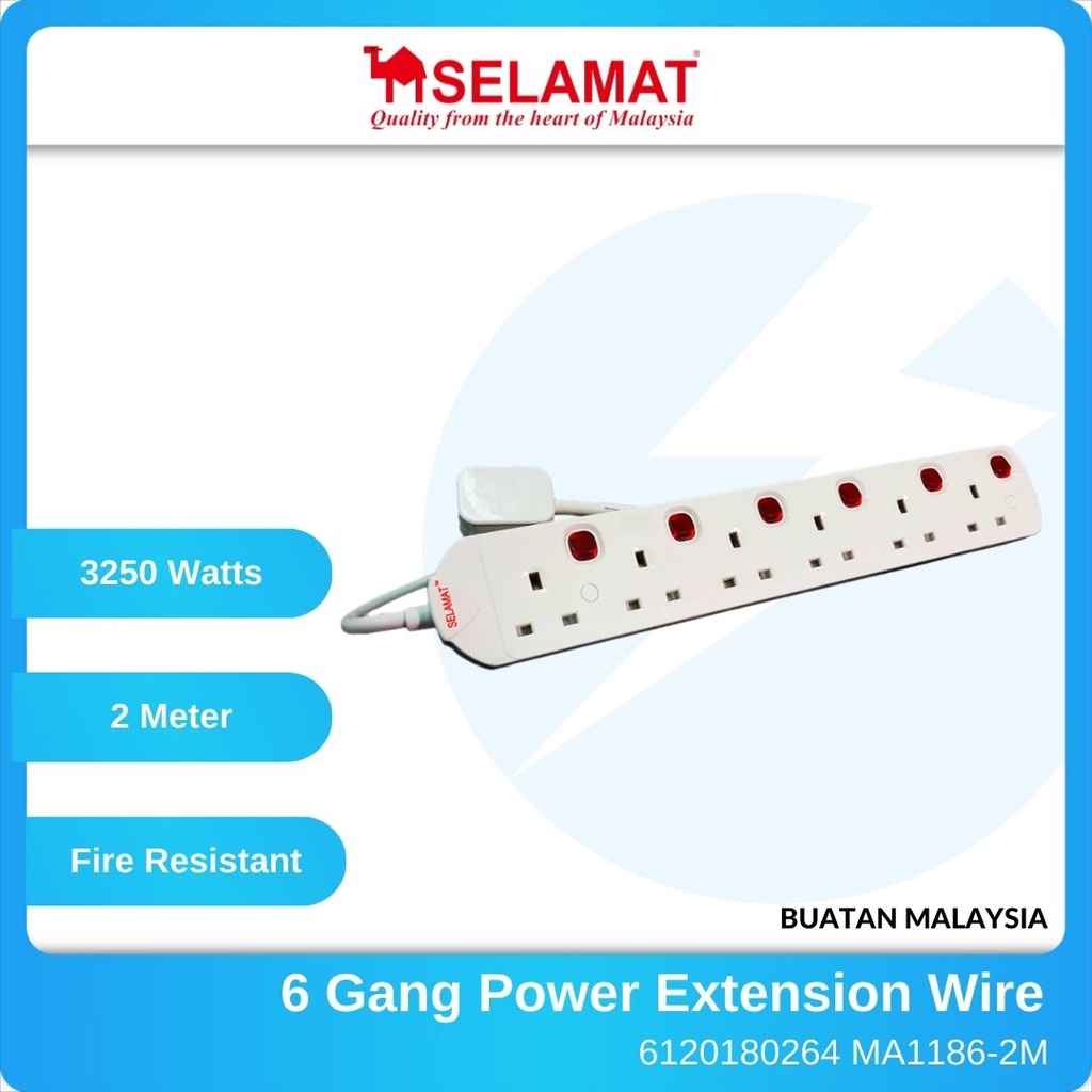 SELAMAT ( MA1186 2M ) 2 Pin 2 Meter 6 Gang Power Extension Wire ...