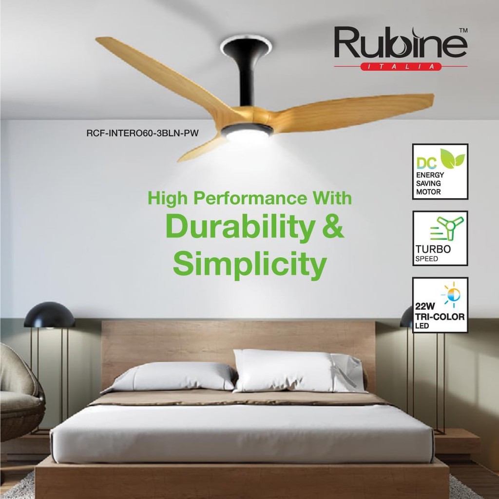 Rubine DC Motor Ceiling Fan with TRI-Colour Dimmer LED Light RCF ...