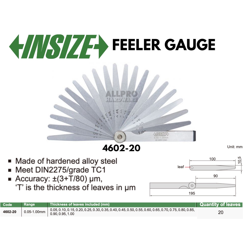 INSIZE Feeler Gauge / Long Feeler Gage 4602-1320/28 /32 /4605-13/131/20 ...
