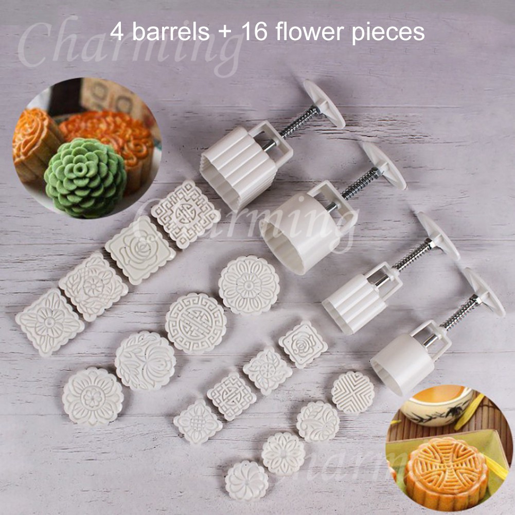 Square/Round Mooncake Mold Hand Pressure Maker Mould with Flower Stamps ...