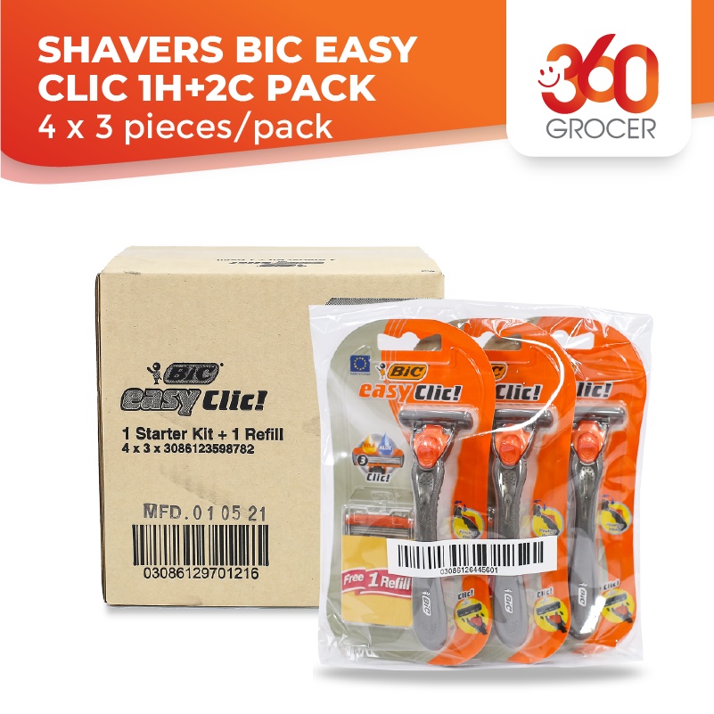 BIC SHAVER EASY CLIC 3 - 1 HANDLE + 2 CATRIDGES - 1 carton (4 x 3pcs ...
