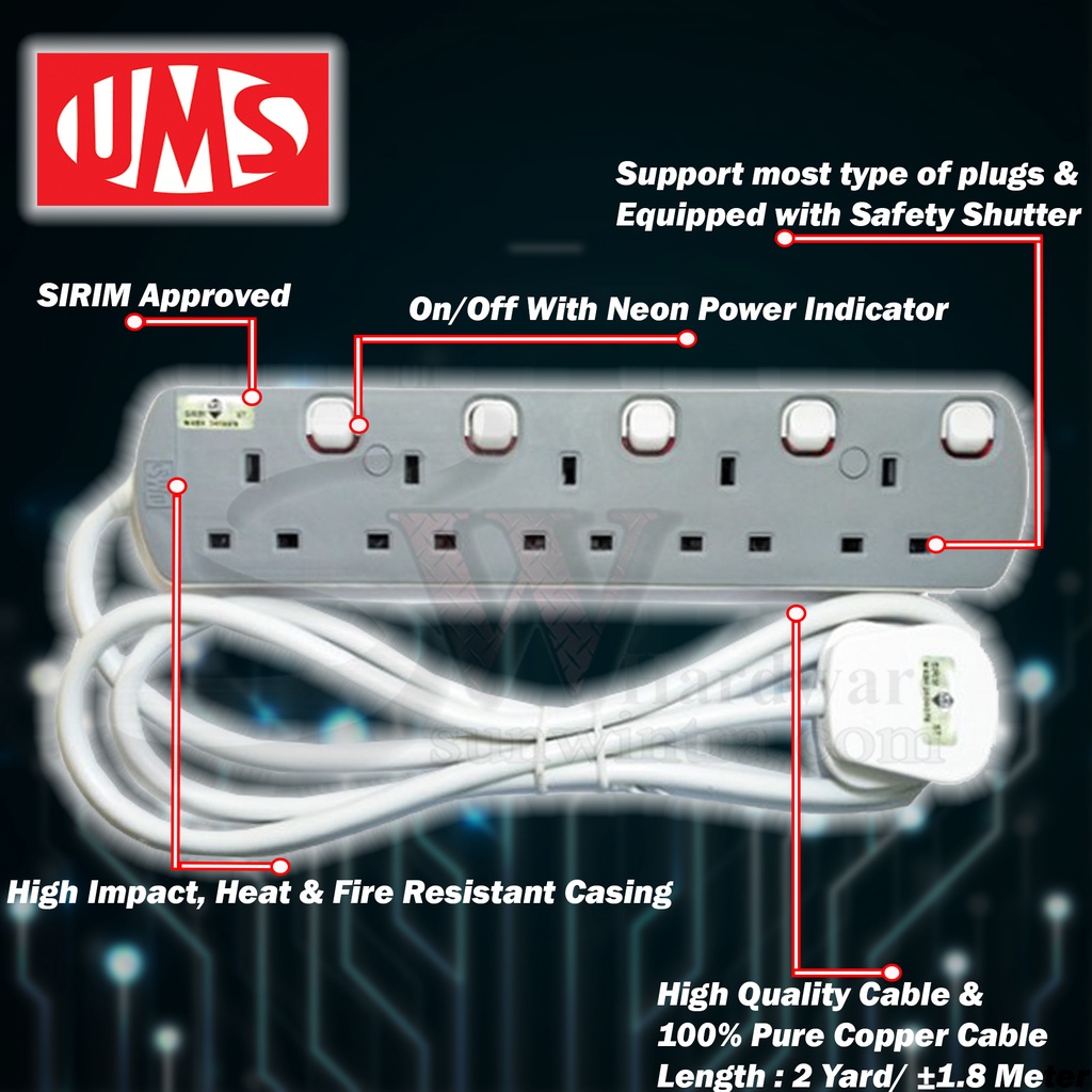 UMS 2 Yards &/ 5 Meters 3/4/5/6 Gang Extension Trailing Socket SIRIM ...