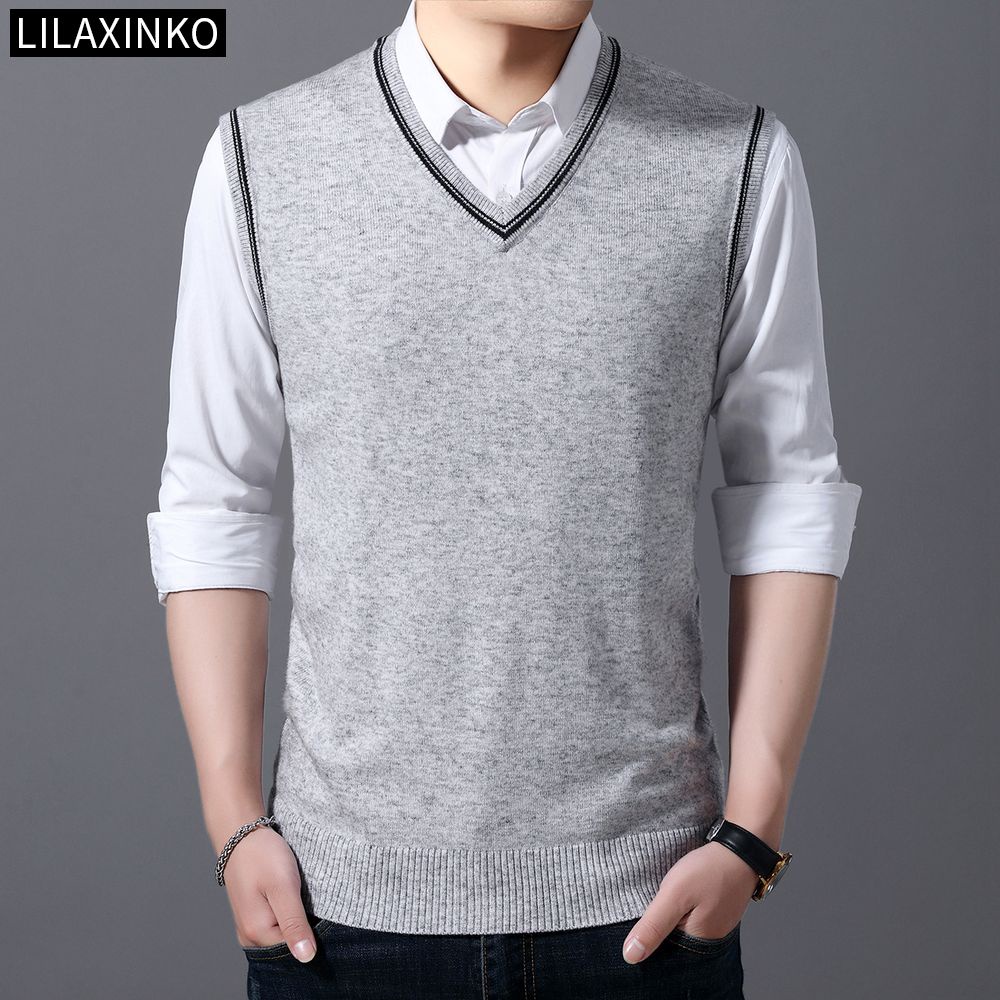 5 Color Men Vest Sleeveless Wool Sweater V Neck Plain Basic Top Casual ...