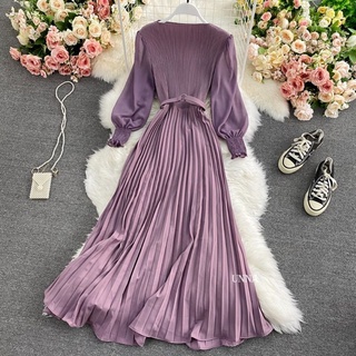 UNNA🔥🇲🇾Readystock Autumn Fashion Long Dress Solid Color Pleated Maxi ...