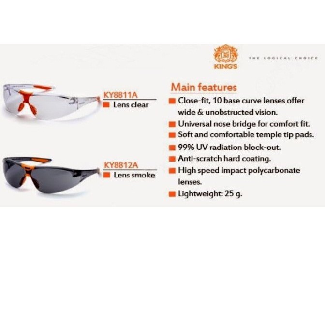 KING'S KY8811A CLEAR KY8812A SMOKE- SAFETY EYEWEAR/SAFETY GLASSES/EYE ...