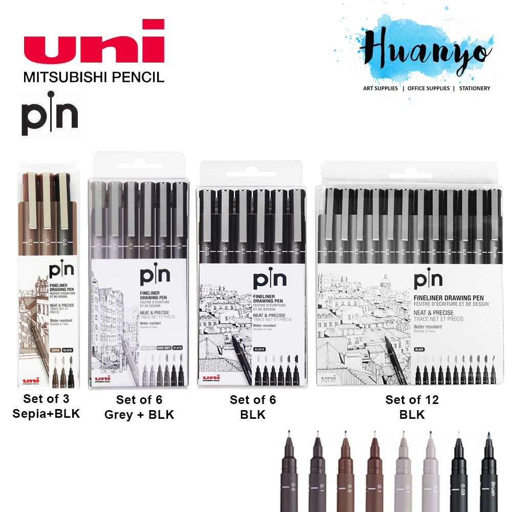 UNI PIN Technical Drawing Pen Wallet Set of 3 / 6 /12 (Black / Grey ...