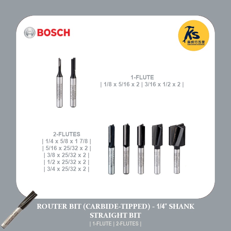 BOSCH Router Bit (Carbide-Tipped) - 1/4" Shank Straight Bit ( 1-flute ...