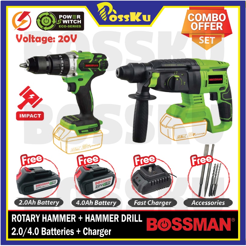 [COMBO SET] BOSSMAN 20V Hammer Drill BHD33 + Rotary Hammer BRH22 FULL ...