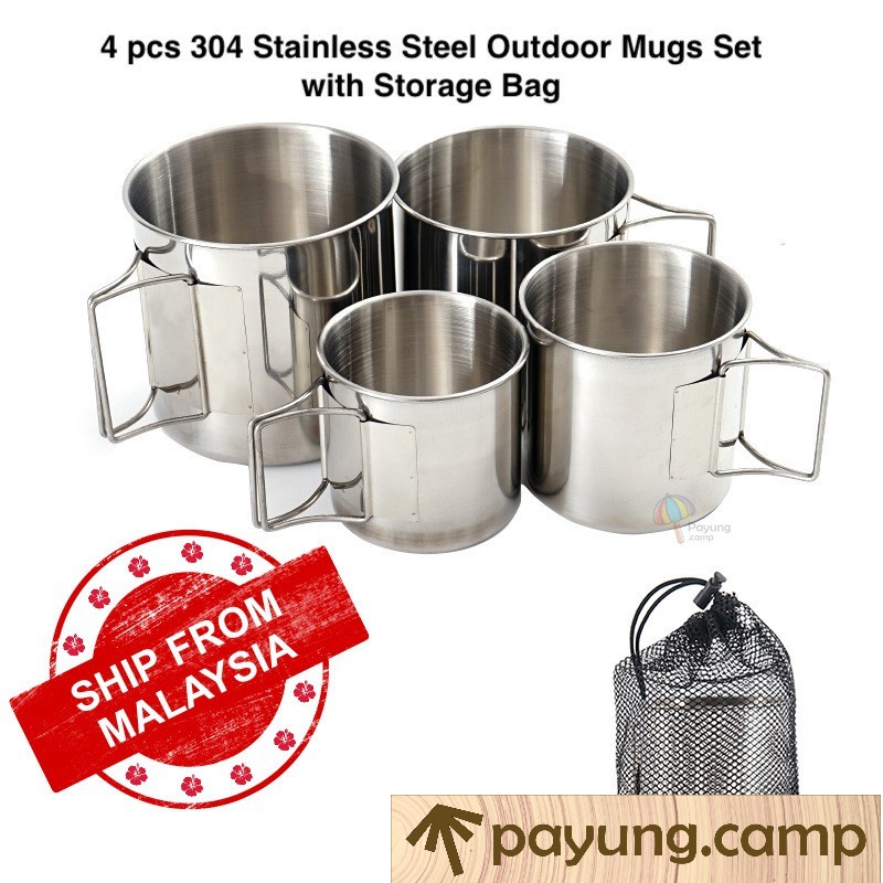 4 pcs Camping Cup Mug Set 304 Stainless Steel Stackable Portable Cups ...