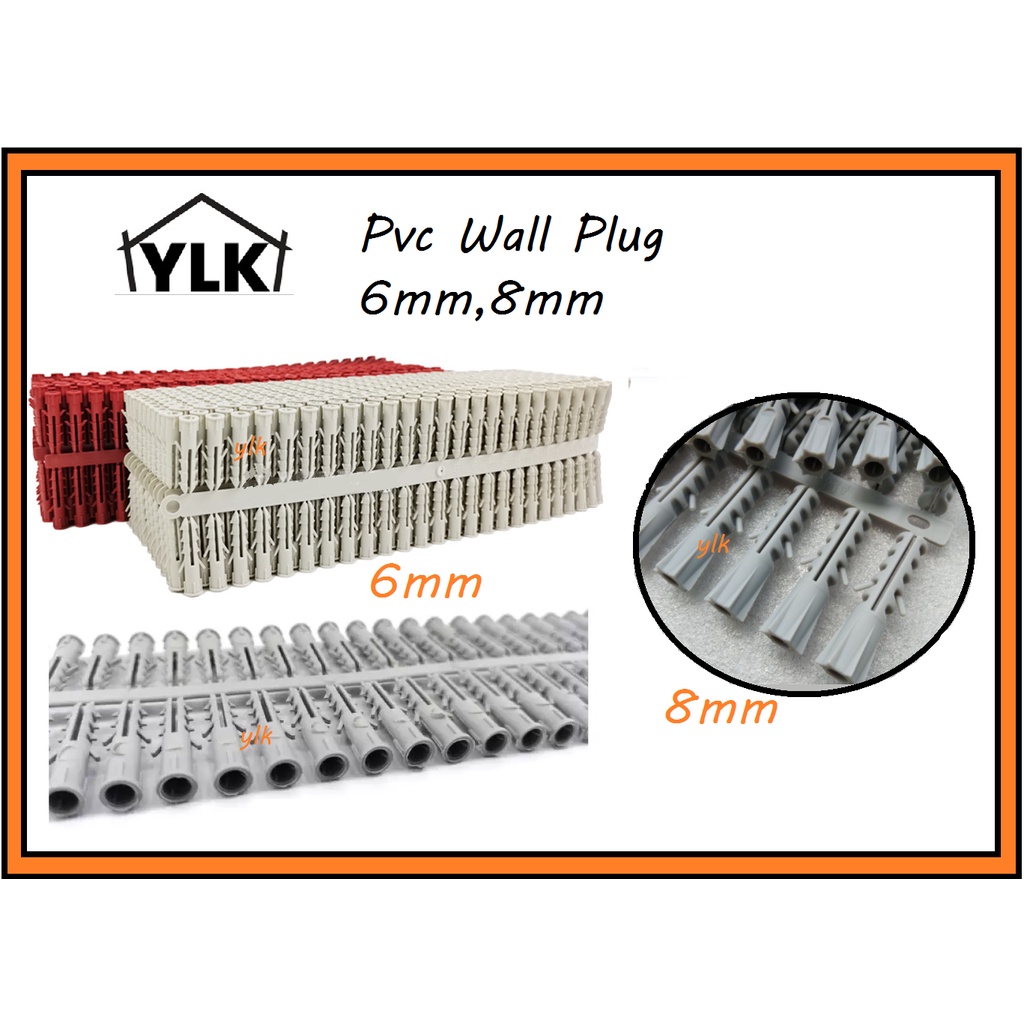YLK【1CARD】PVC WALL PLUG (6MM x 25MM ), (8MM x40mm ),(10MM x40mm ...
