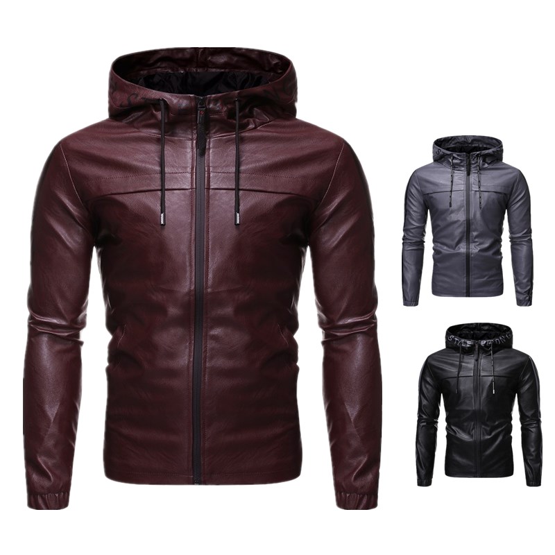 New Men's Hooded Leather Jacket Casual Slim Hoodie PU Motorcycle ...