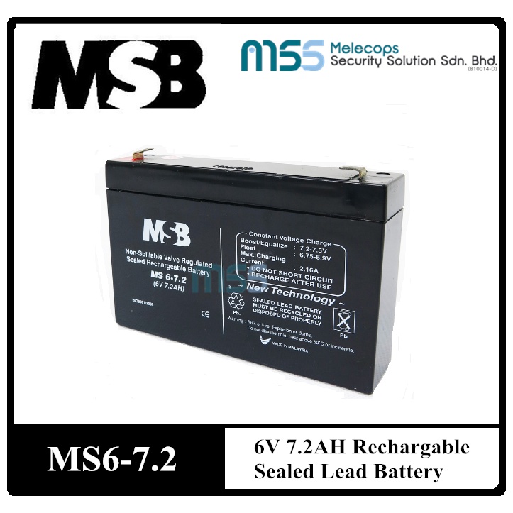 (West Malaysia Only) MSB MS6-7.2 6V 7.2AH Non-Spillable Valve Regulated Sealed Rechargeable ...