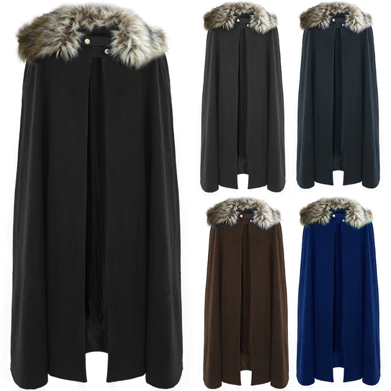 raya 2024Men's Medieval Costume Cloak Winter Fur Collar Larp Viking ...