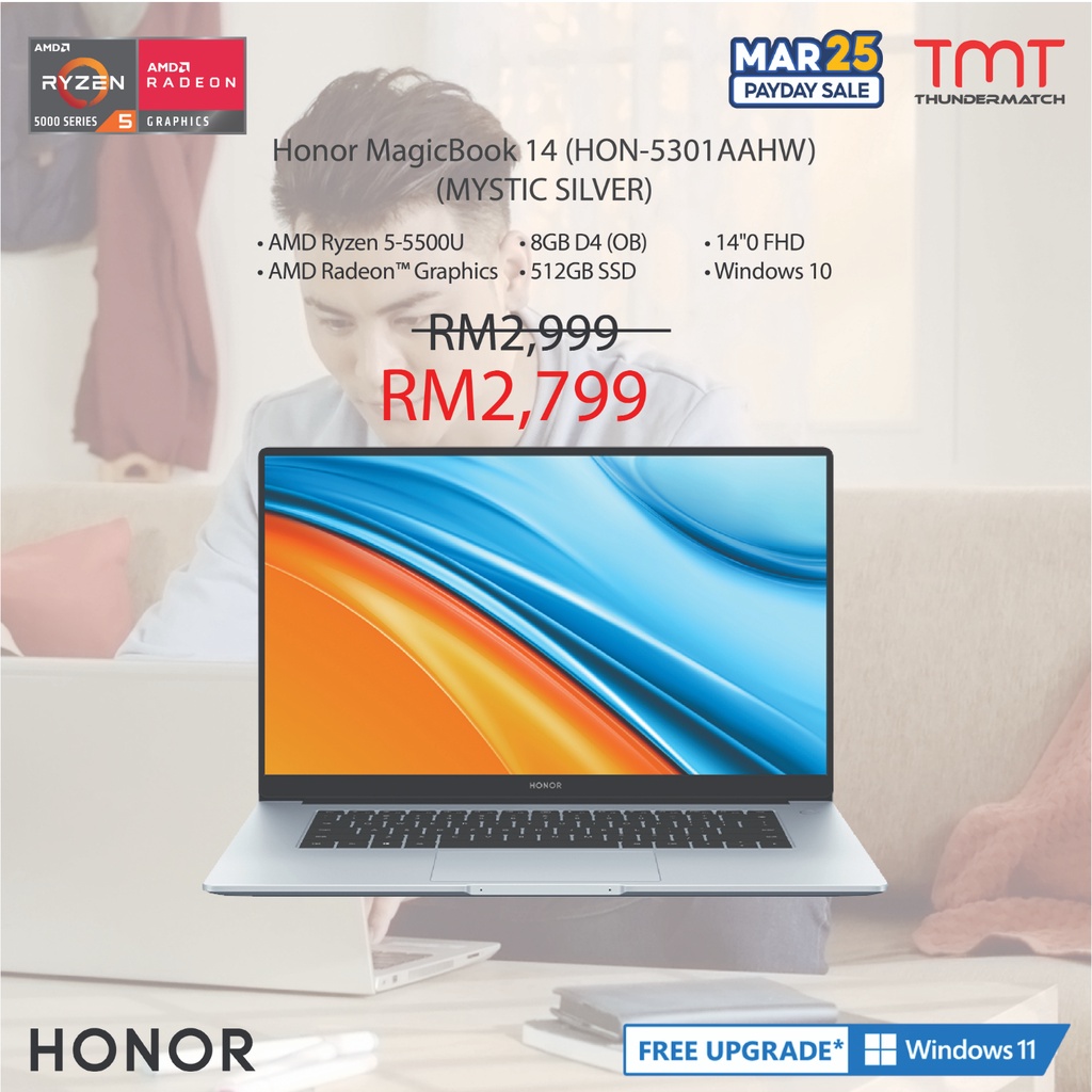 Honor MagicBook 14 HON-5301AAHW Laptop | Ryzen 5-5500U | 8GB RAM 512GB ...