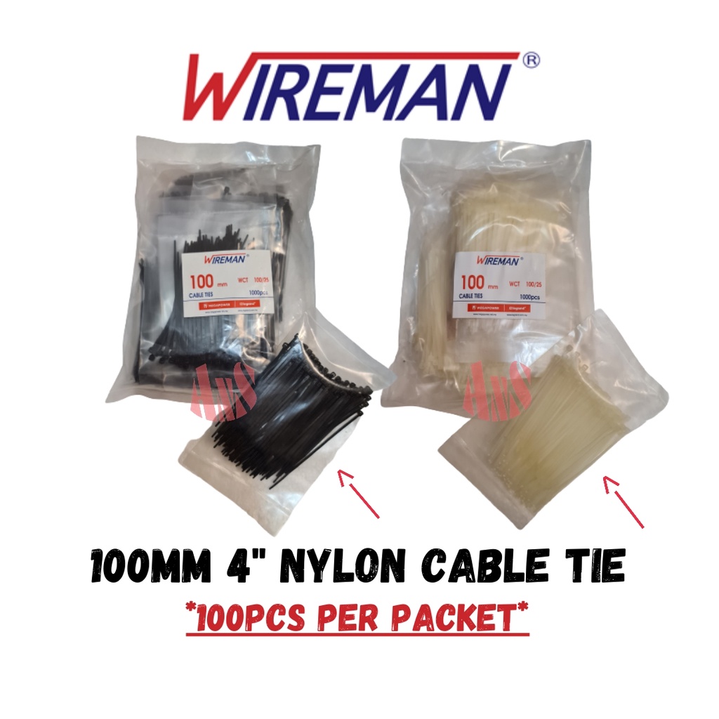 100Pcs Wireman 4" inch 100MM 2.5mm Nylon Cable Ties Black White Cable ...