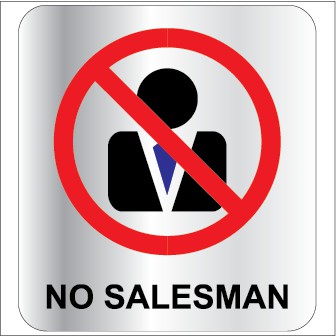 KSS017 NO SALESMAN SILVER BRUSHED SIGN STICKER 105X115MM. WE ACCEPT ...