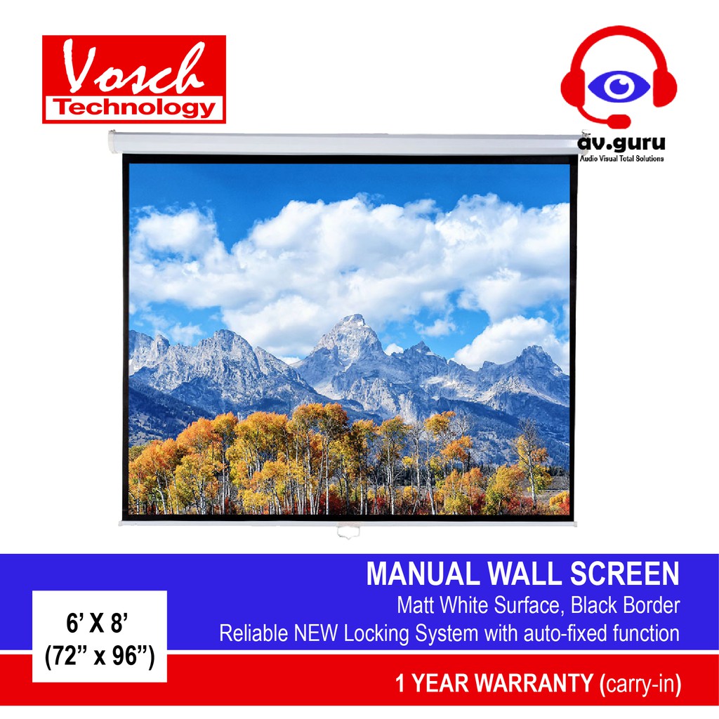 VOSCH Series 2 Manual Wall Projector Screen 6ft x 8ft (72 inch x 96 ...