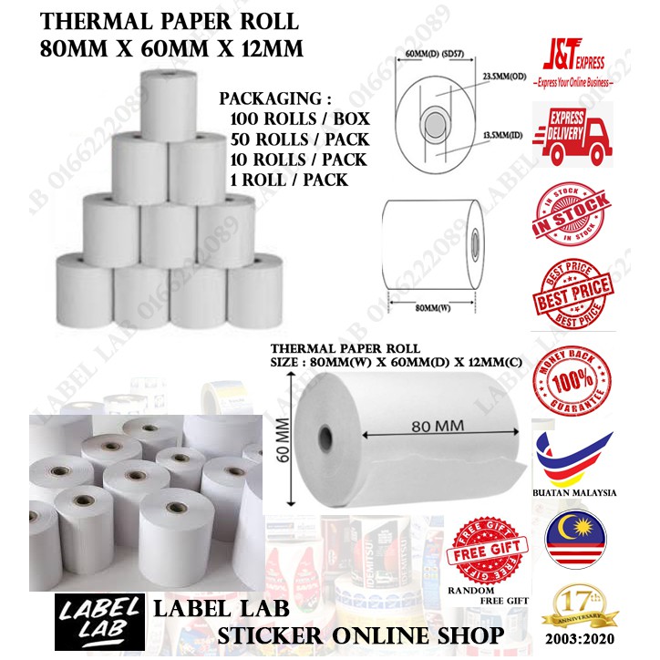 50 Roll 80mm x 60mm Thermal Receipt Paper Roll / Resit Paper Roll ...