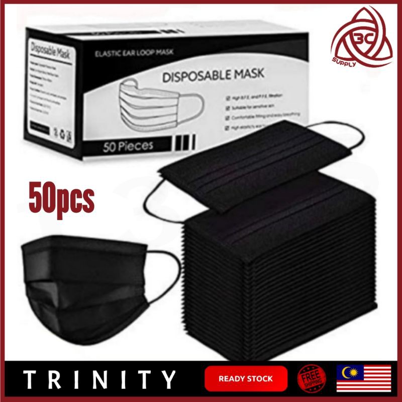 50pcs Black Color 3ply Face Mask Hitam Disposable Premium x 1 Box ...