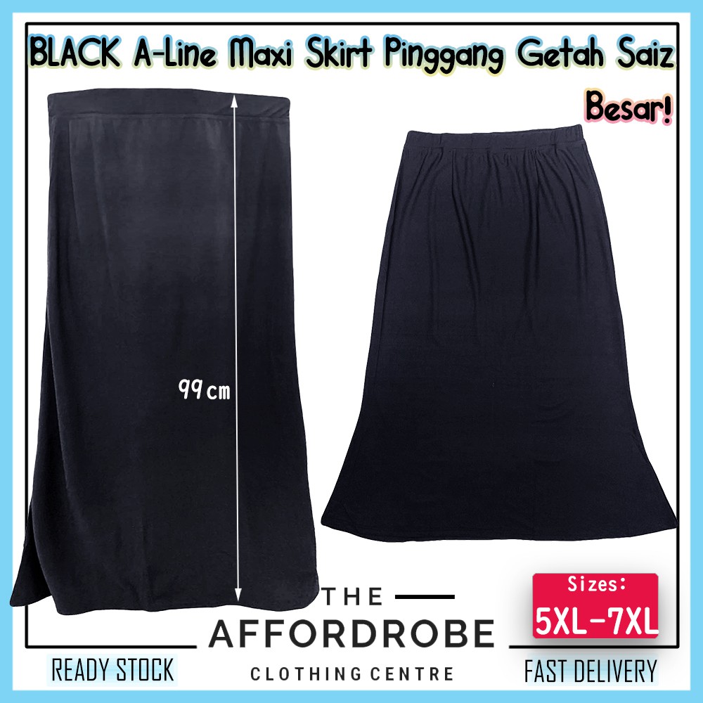 35-46inci A-Line Maxi Skirt HITAM Panjang Pinggang Getah Ringan Saiz ...