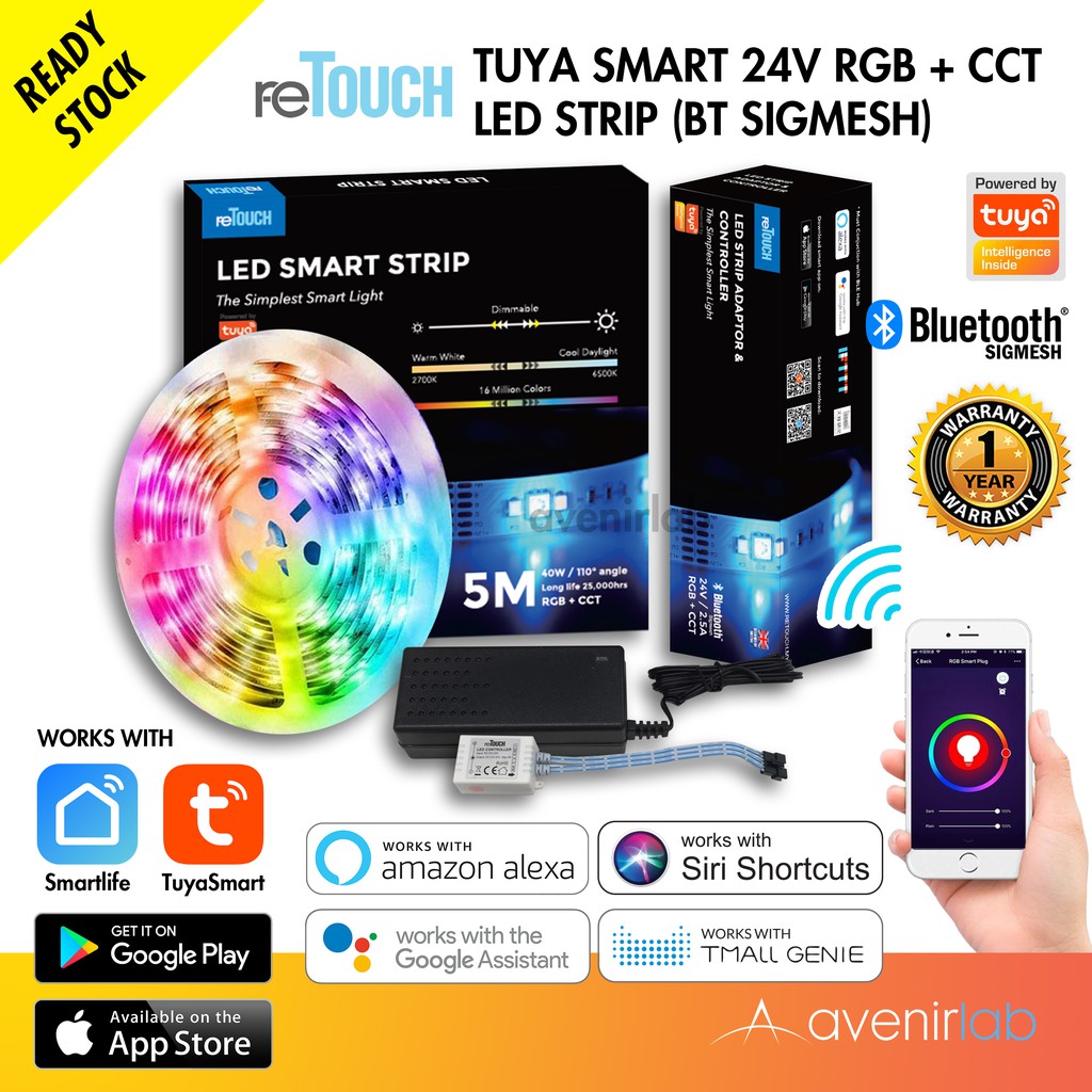 reTouch 24V RGB+CCT Bluetooth Sigmesh 5M Smart LED Strip works with ...