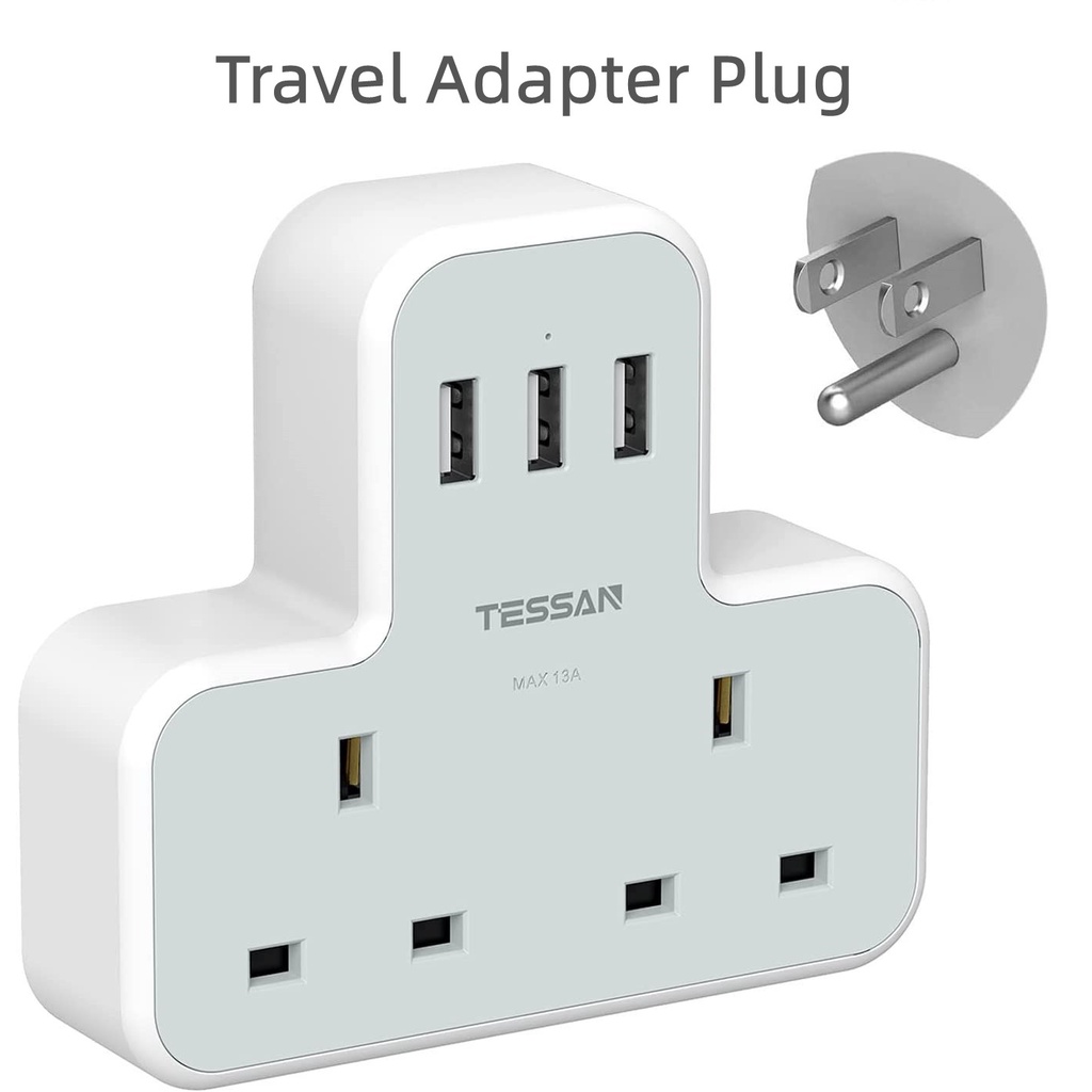 MY to US Plug Adaptor with 3 USB Ports, TESSAN 2 Way Grounded USA ...
