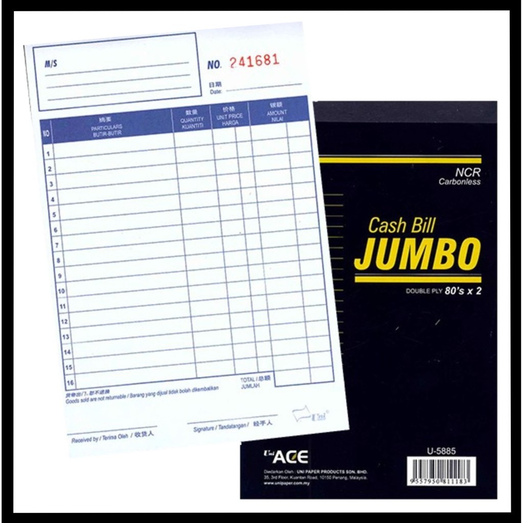 Uni Ace NCR Jumbo Cash Bill Book /Buku Bill 80'S X 2 PLY | Shopee Malaysia