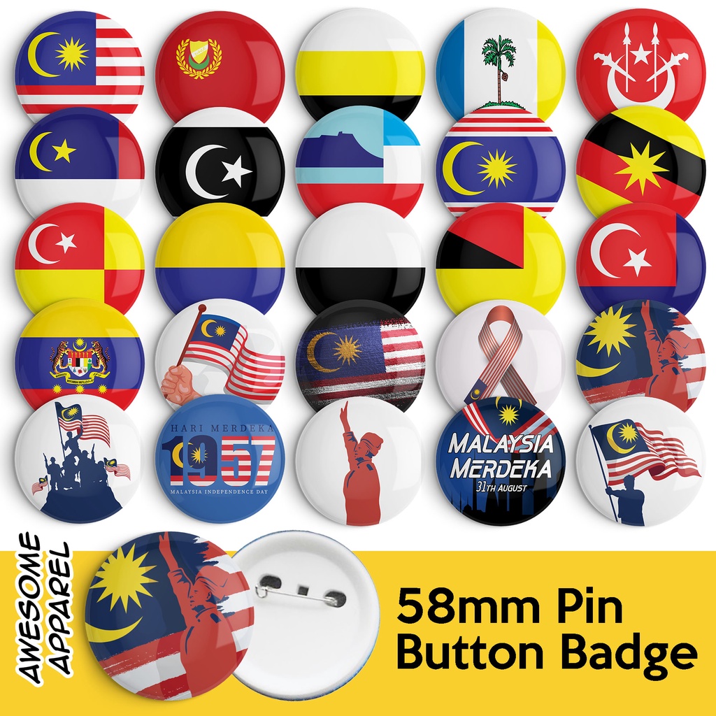Malaysia State Flags and Merdeka Designs 58mm 44mm Button Badge with ...