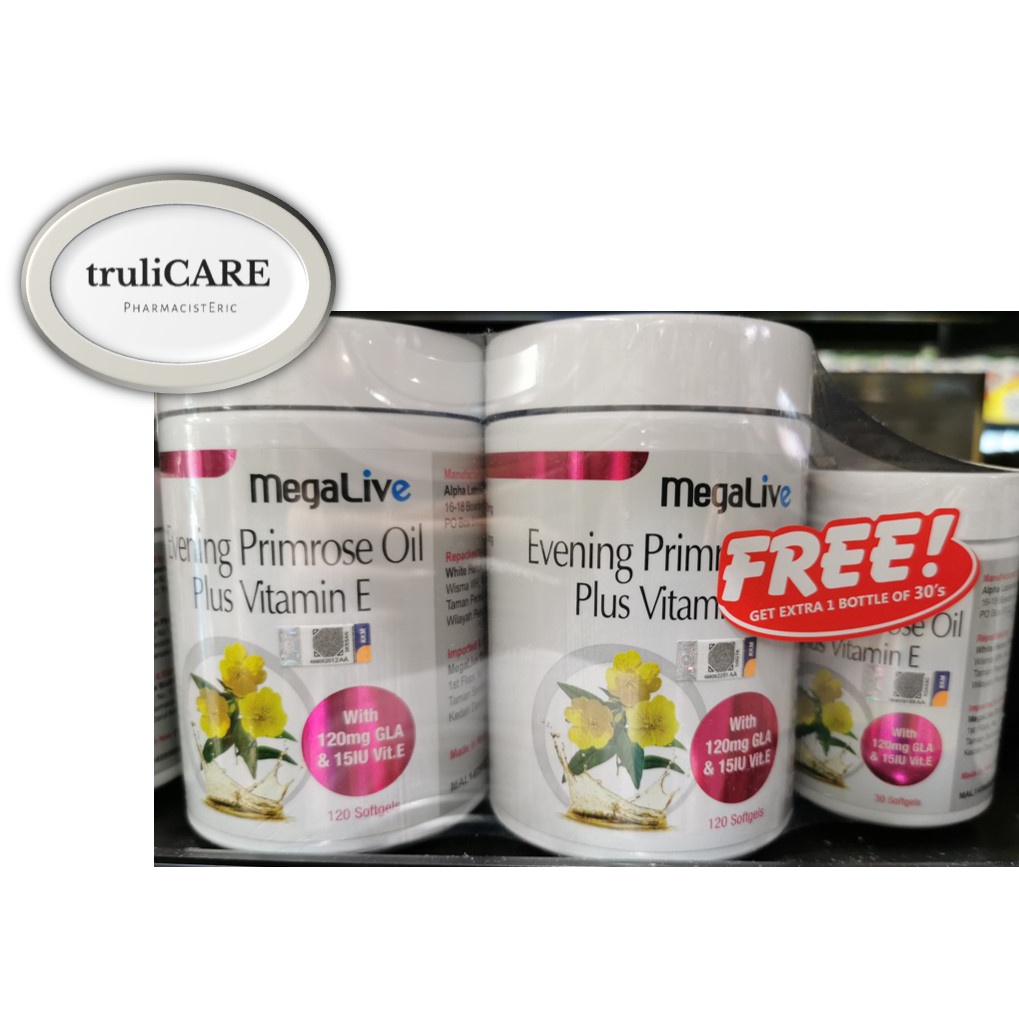MEGALIVE EVENING PRIMROSE OIL 1200MG PLUS VITAMIN E (120'S X 2 FOC 30'S ...