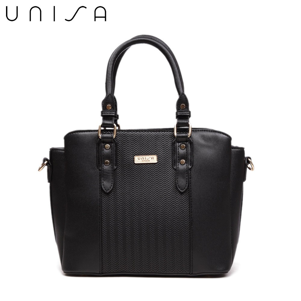 UNISA Deboss Convertible Multi-Compartment Top Handle Bag (Black/Beige ...