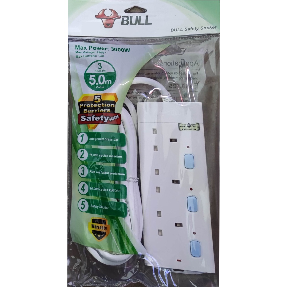 GONGNIU / BULL HEAVY DUTY 3000W SAFETY TRAILING SOCKET 13A PLUG SOCKET (FIRE RESISTANT) SIRIM ...