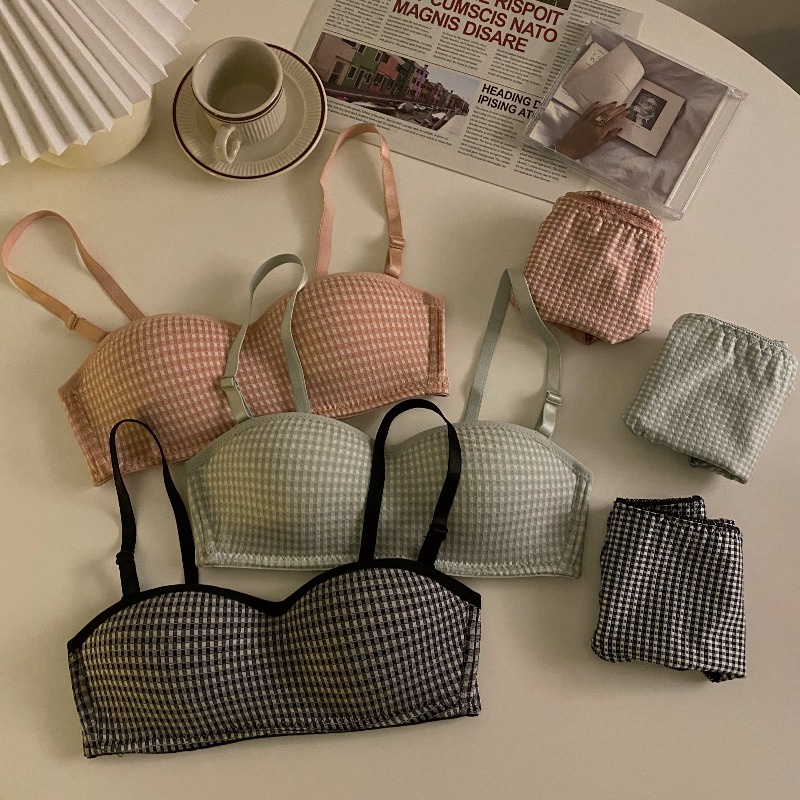 1 Set Plaid Pattern Underwear Youth Girl Panties+Bra Set Wireless Soft ...
