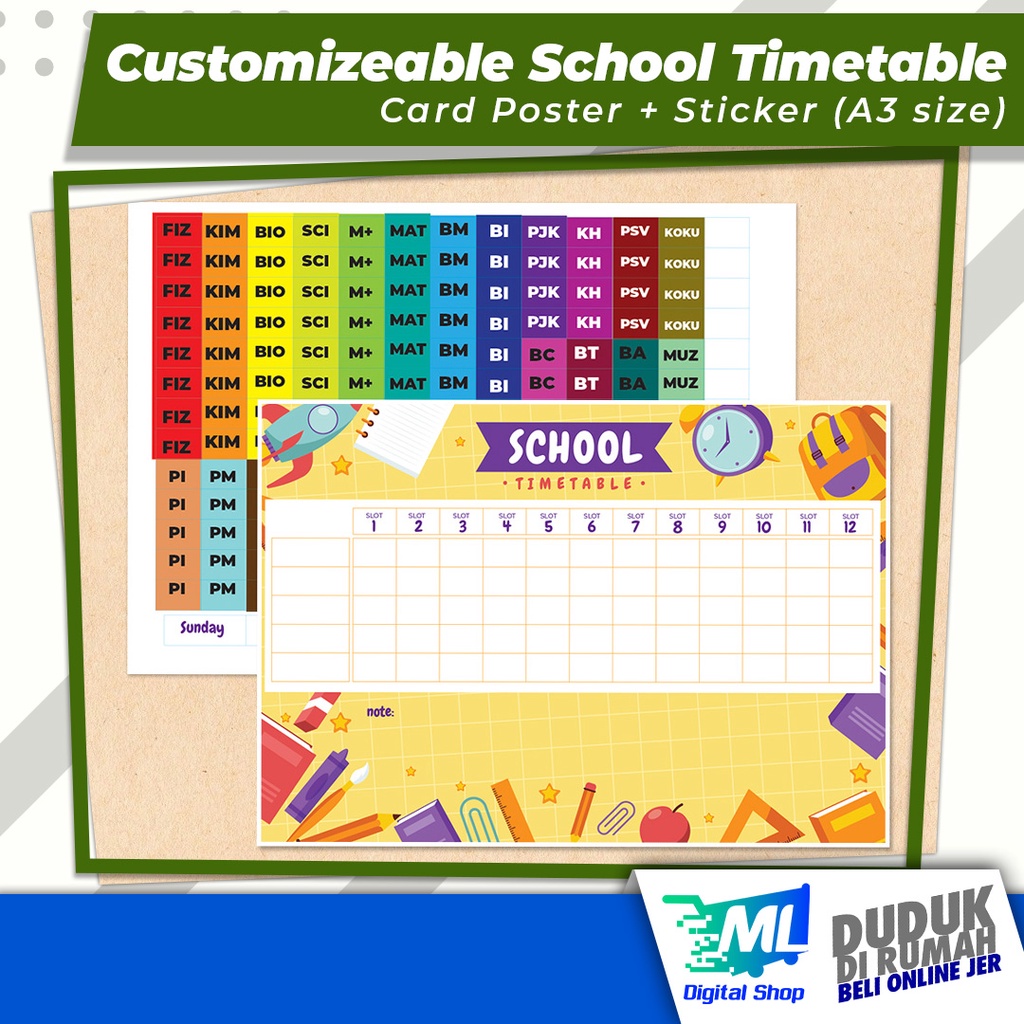 Customizable School Time Table Poster+ Sticker Set (A3 size) | Jadual ...