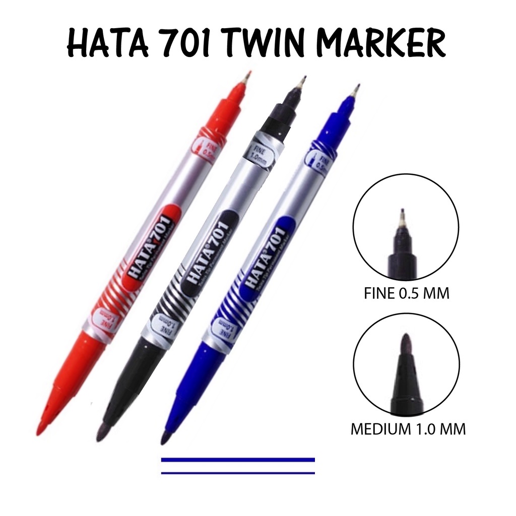 Hata 701 Twins Tip Permanent Marker - 0.5mm & 1.0mm (Black / Blue / Red ...