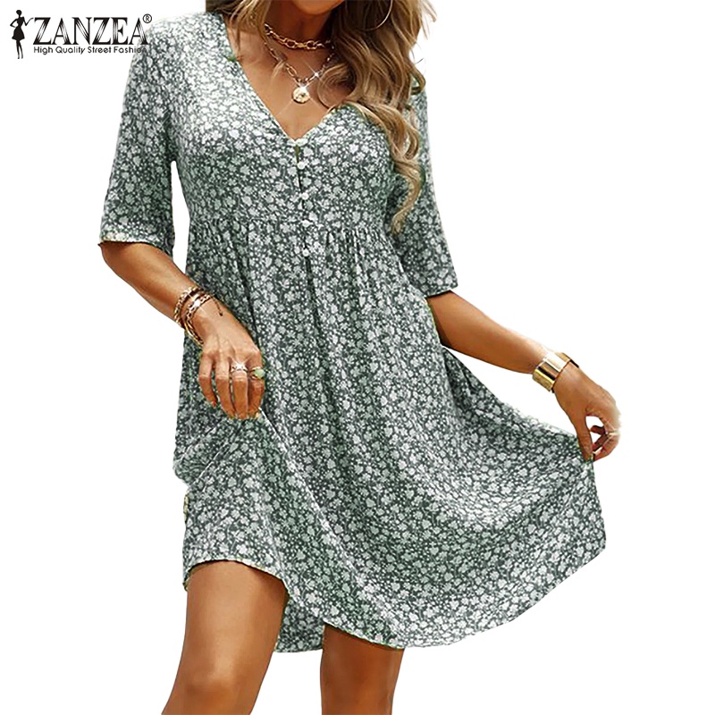 ZANZEA Women European Vacation Casual Daily Small Floral V-Neck Short ...
