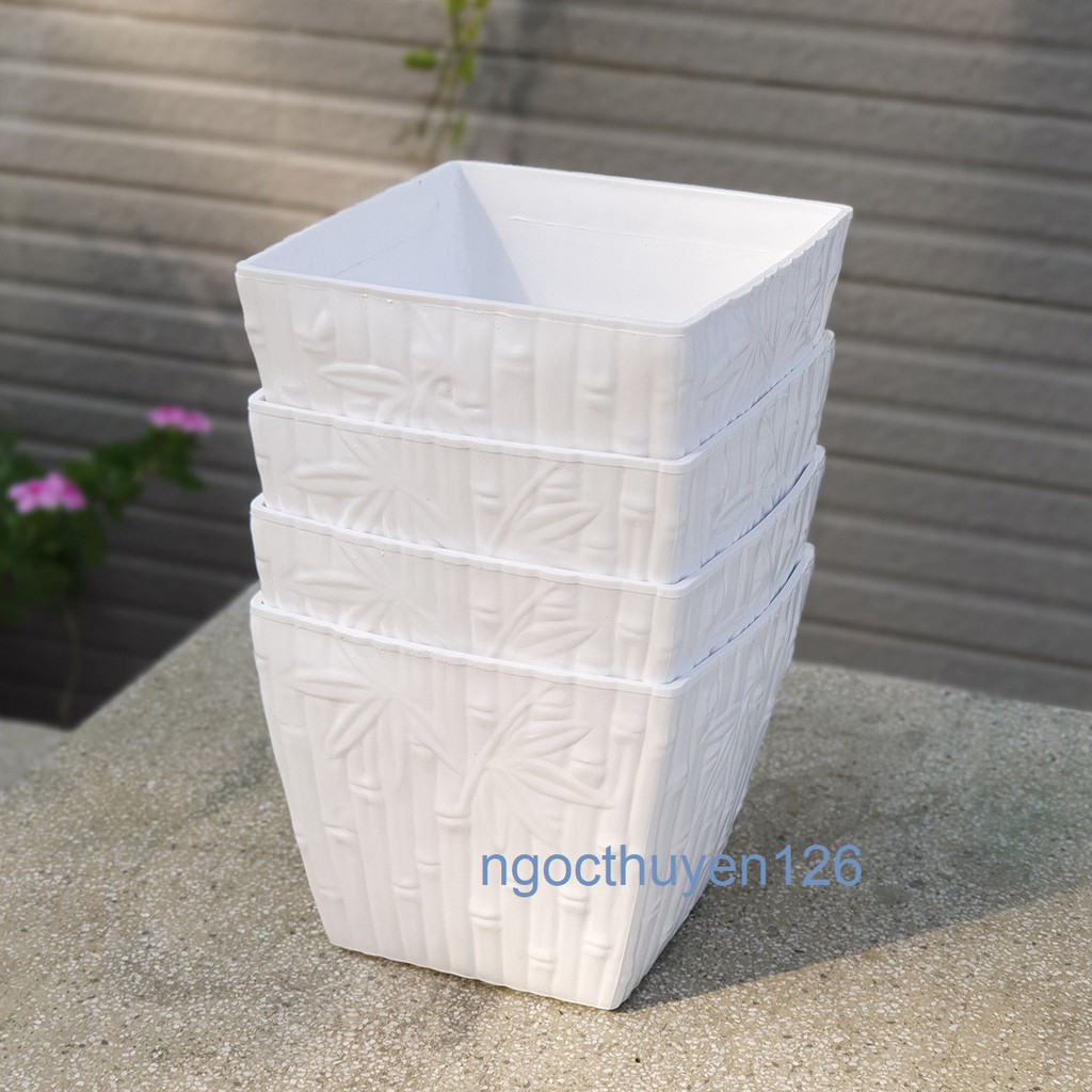 Set of 04 beautiful thick plastic white bamboo leaf square flower pots ...