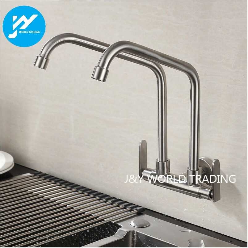 Kitchen 304 Stainless Steel Double Faucet L Shape Pillar Wall Sink Tap ...
