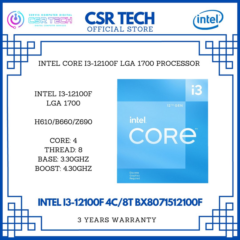 Intel Core I3-12100F Processor LGA1700 12th Gen 4 Cores 8 Threads CPU (BX8071512100F) | Shopee ...