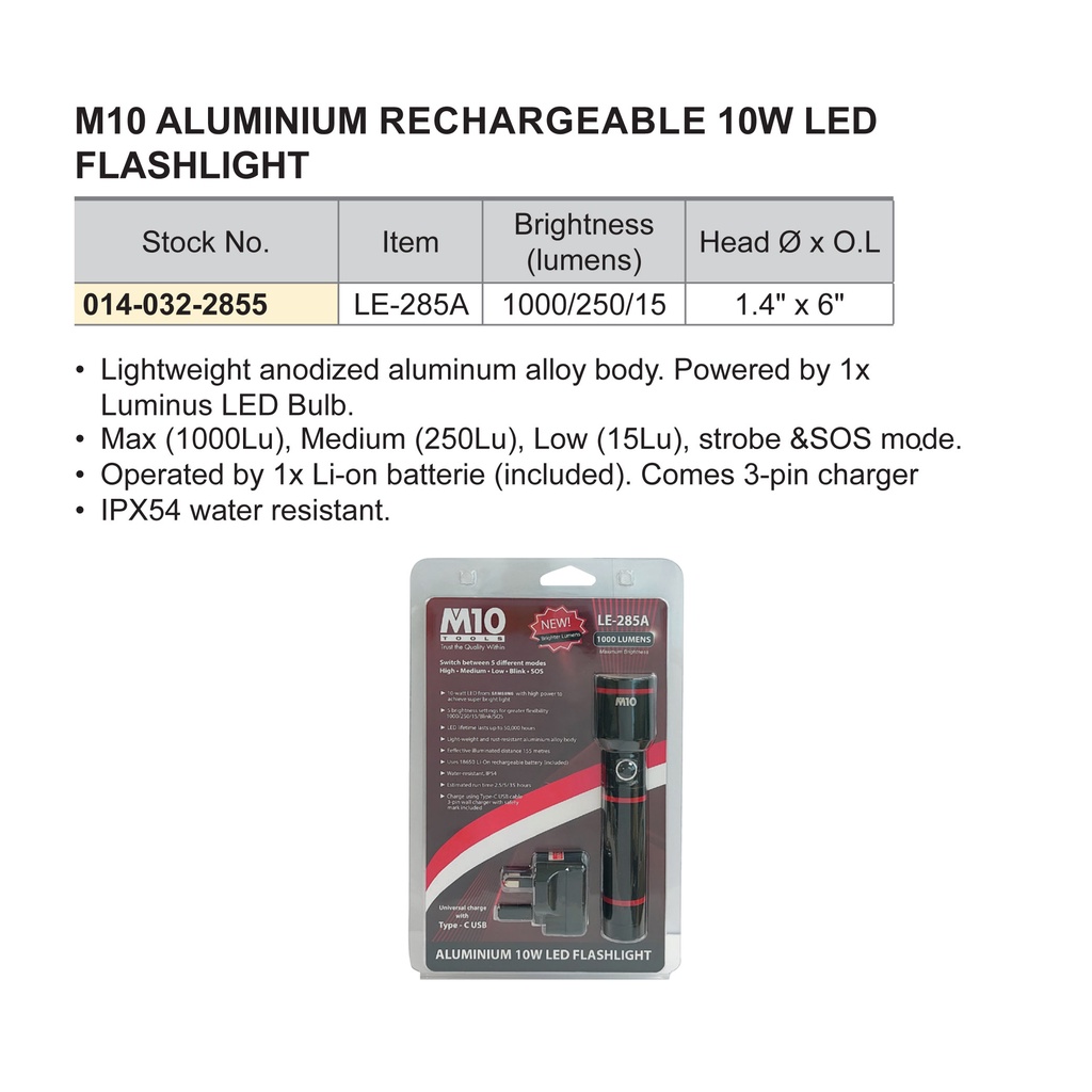 M10 Aluminium Rechargeable 10w Led Flashlight - Le 285 A - Flashlight ...