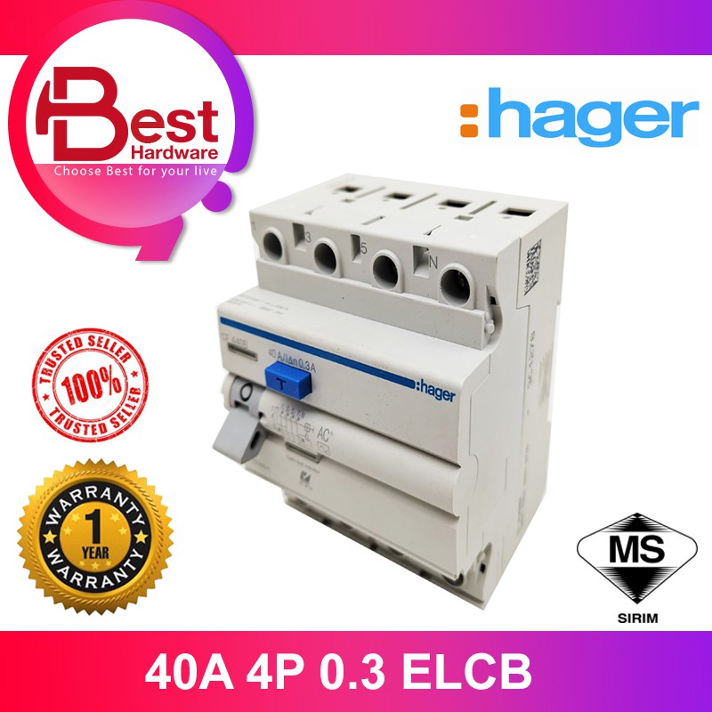 BEST HARDWARE - ORIGINAL HAGER 4 POLE 0.3 ELCB ( 40A / 63A / 100A ...