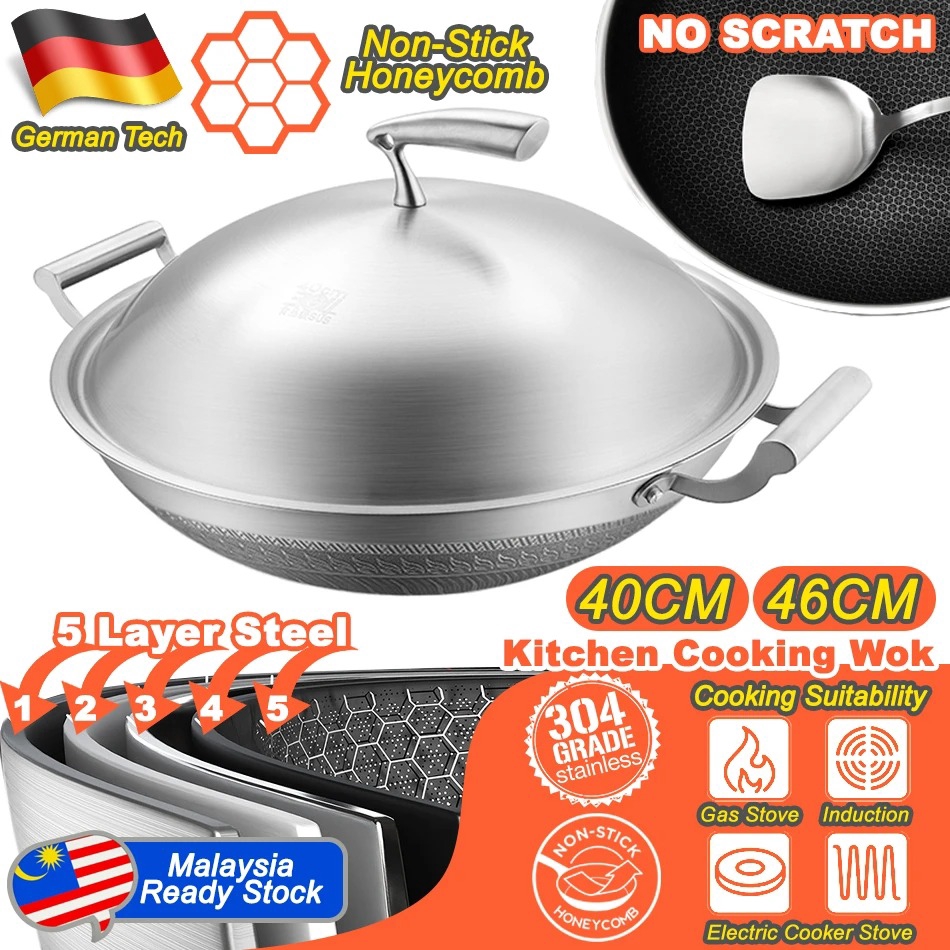 Tollo_regina [304/316] Non-stick Wok 316 Stainless Steel Kuali Honeycomb wok Double Full Screen ...