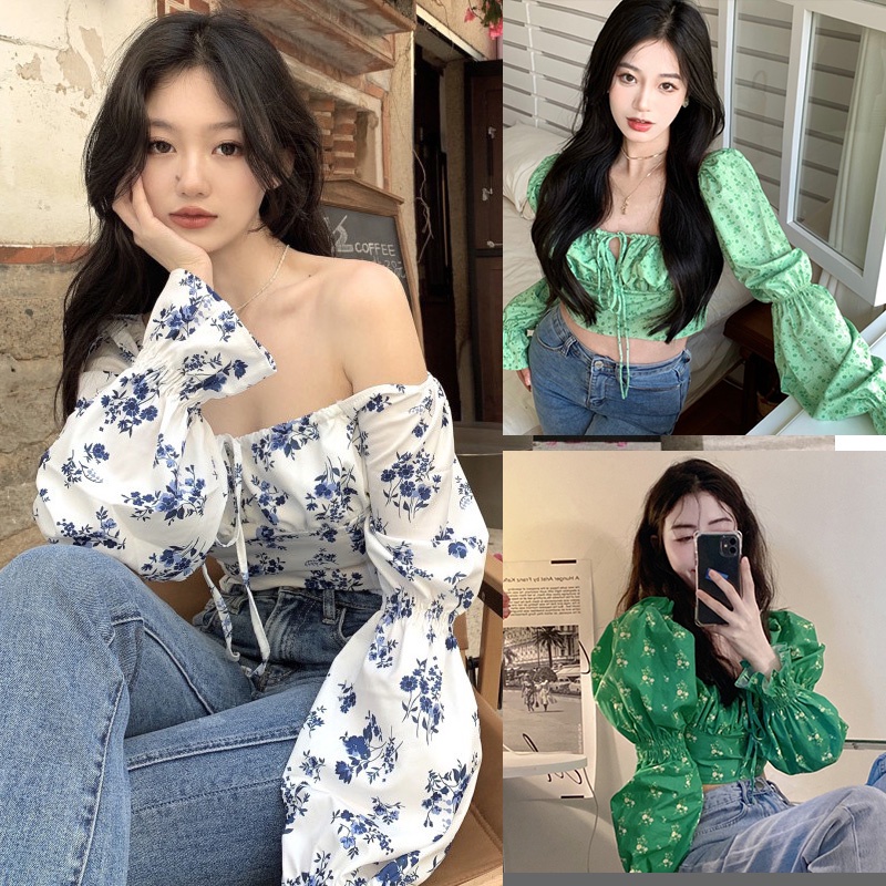 Puff Sleeve Shirt Floral Long Sweet Cute Square Neck Tops Sexy Exposed ...